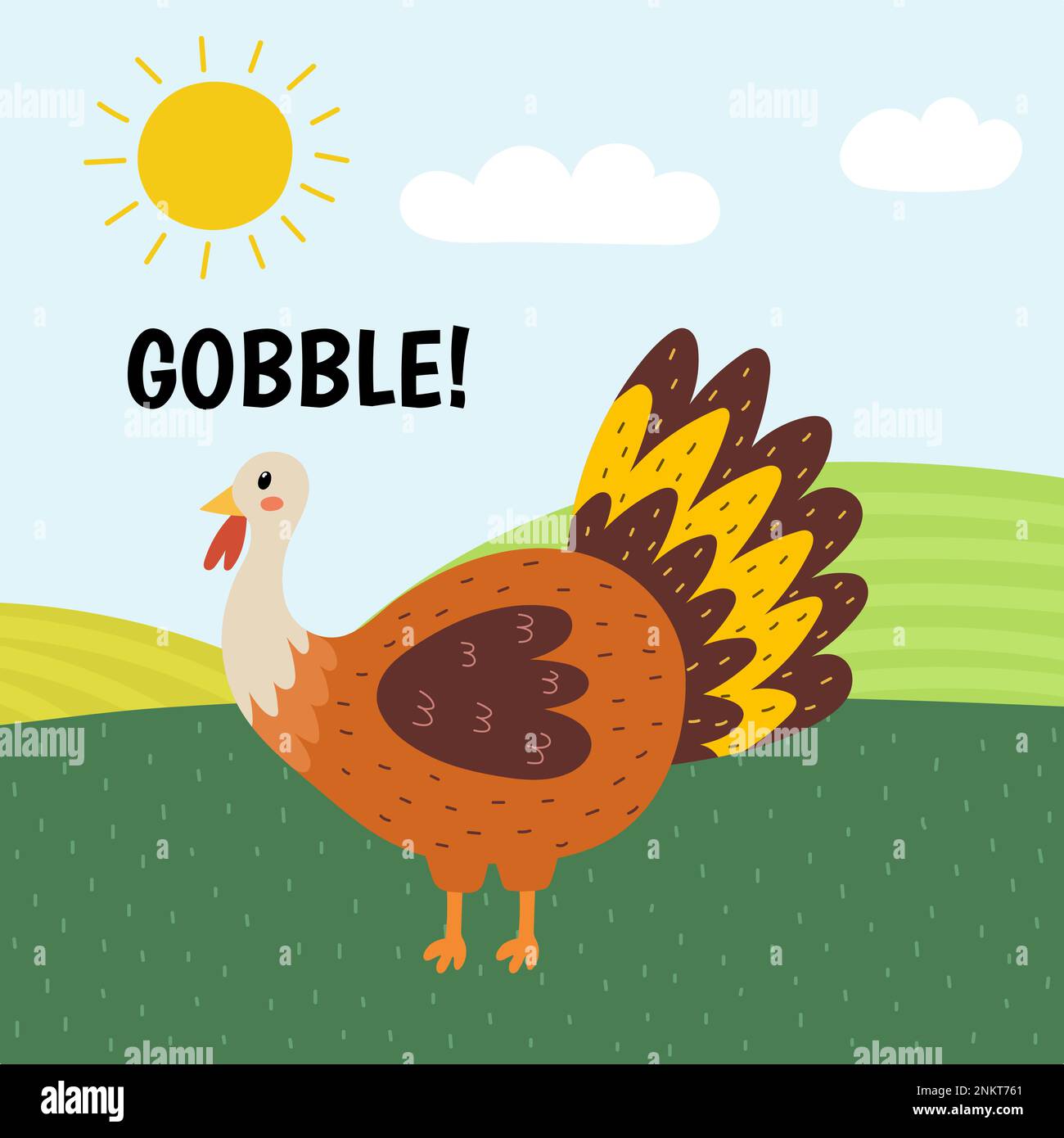 Turkey saying gobble print. Cute farm character on a green pasture ...