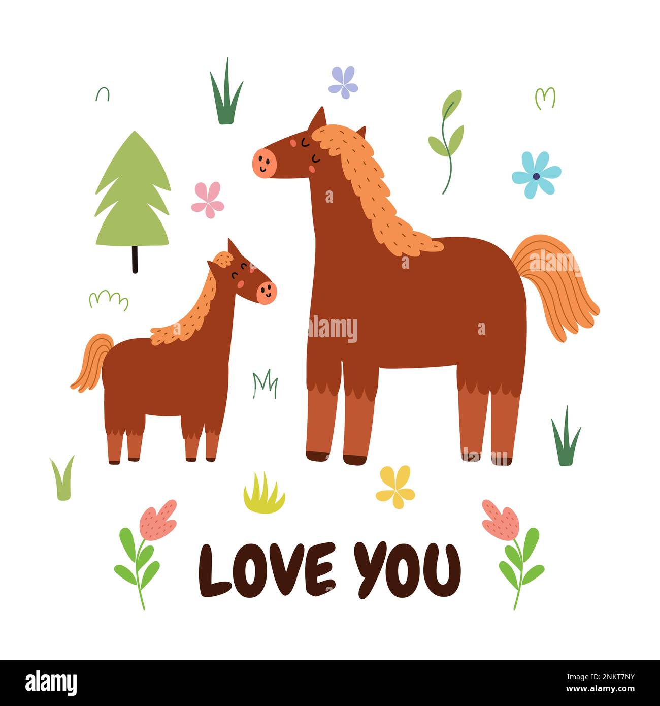 Love You print with a cute mother horse and her baby foal Stock Vector ...