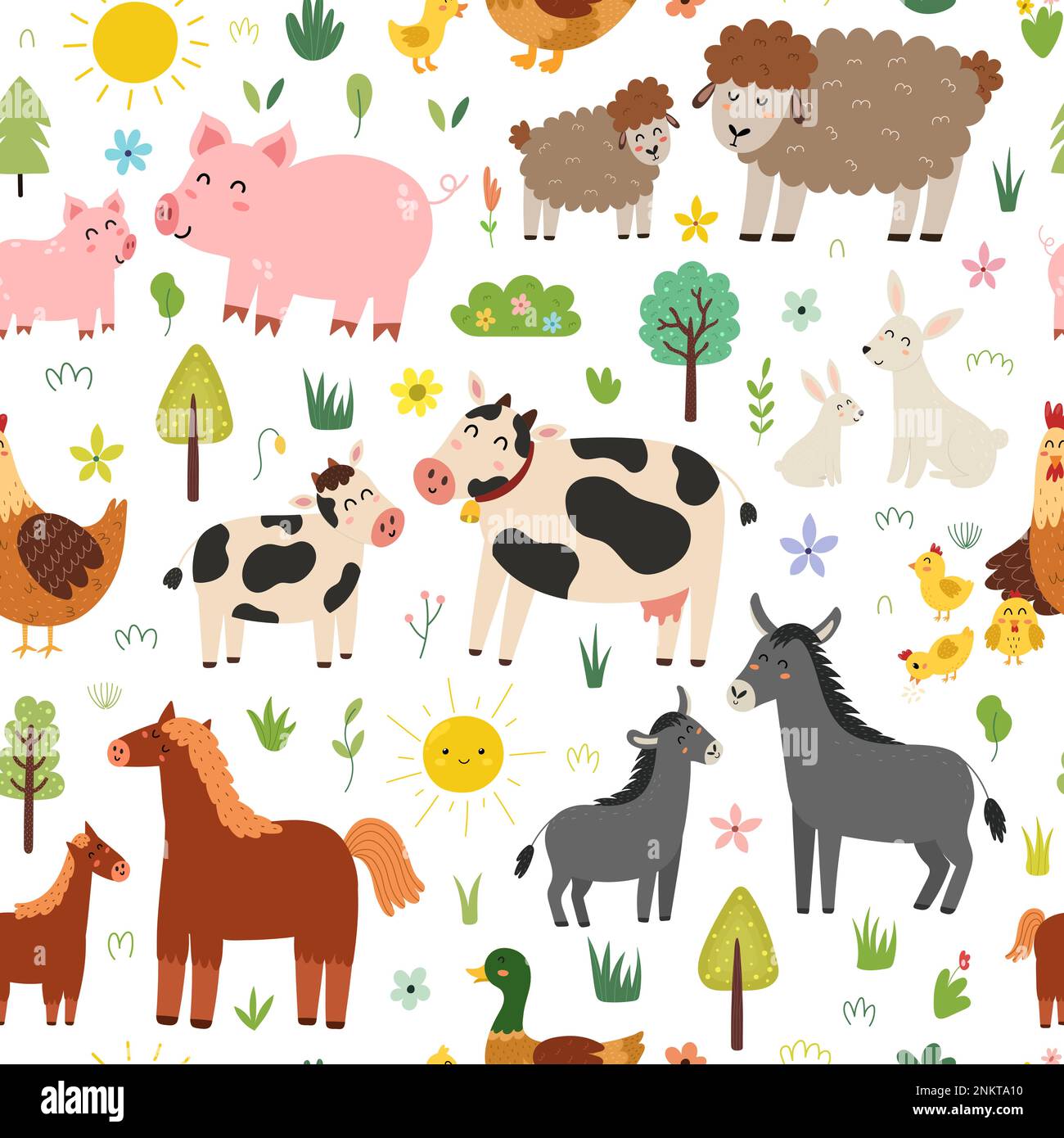 Mother and baby animals seamless pattern. Farm characters moms with ...