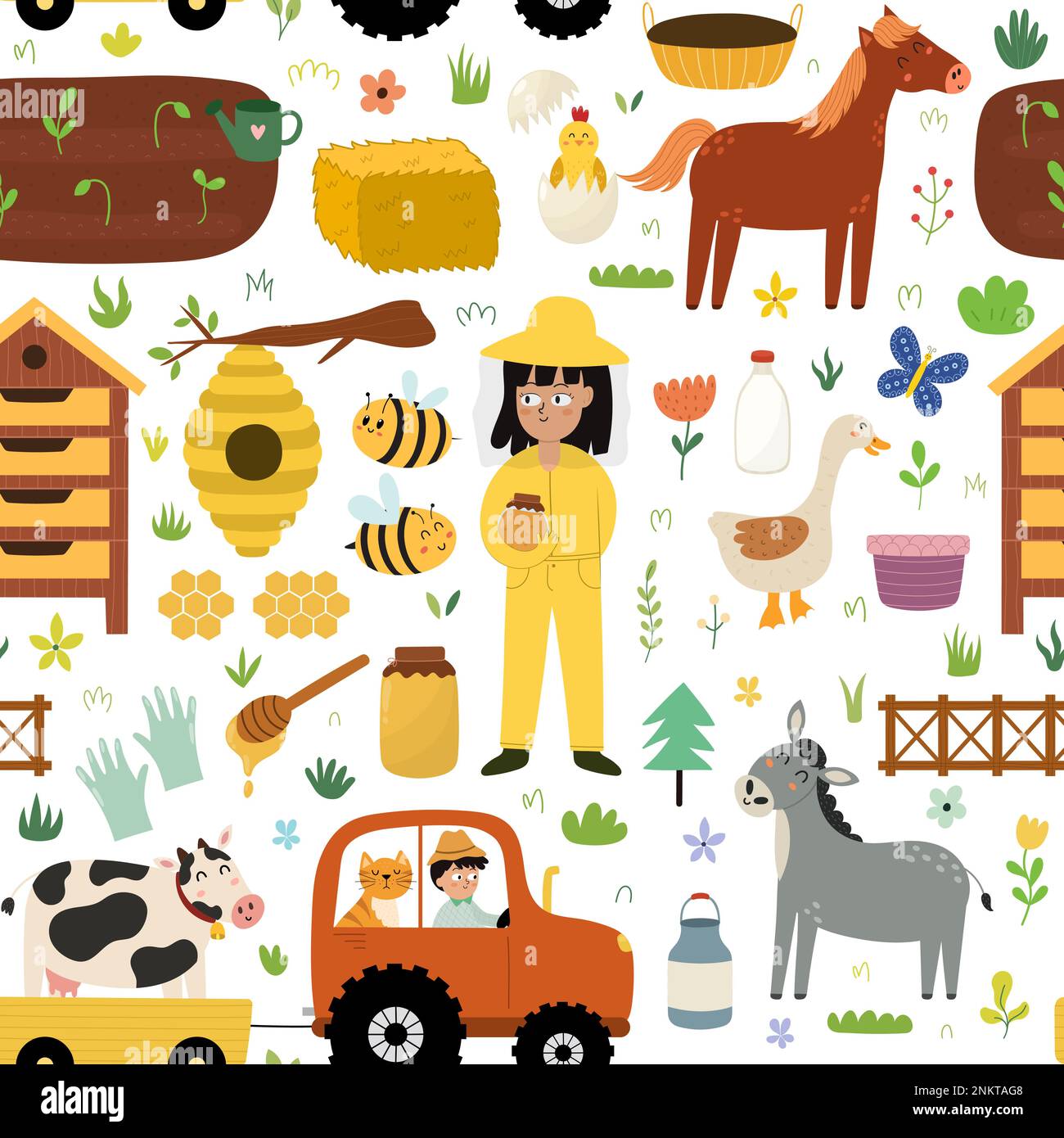 Farm seamless pattern with cute characters. Countryside background ...