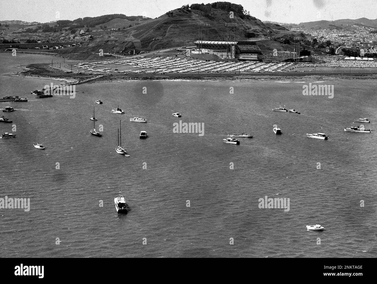Aerial views of Opening Day at Candlestick Park April 12, 1960. Dozens ...