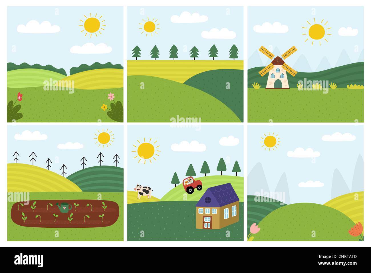 Green landscapes set in cartoon style. Farm background collection ...