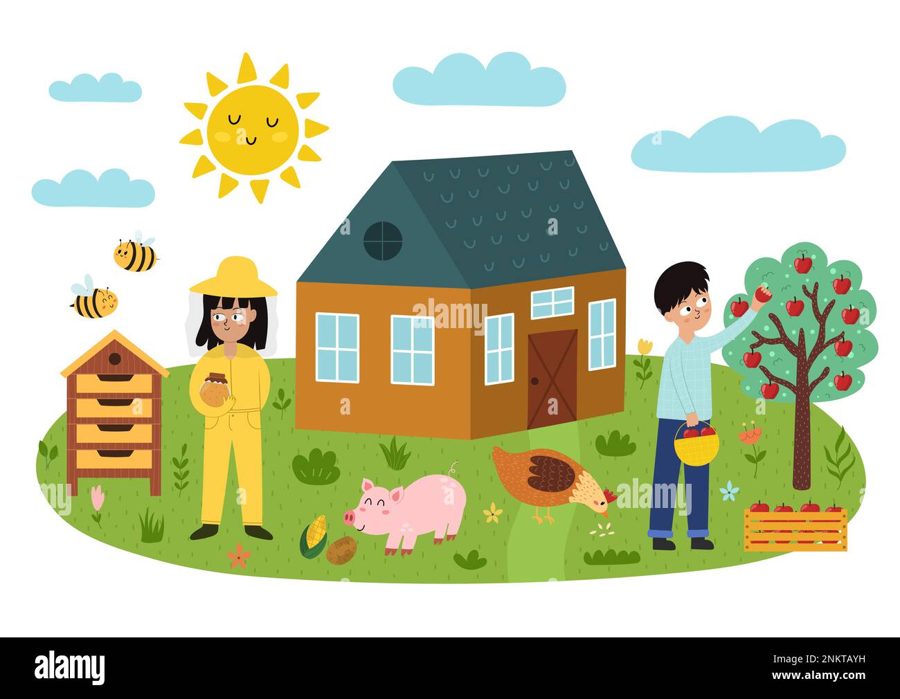 Farm landscape in cartoon style. Summer green meadow print with animals ...