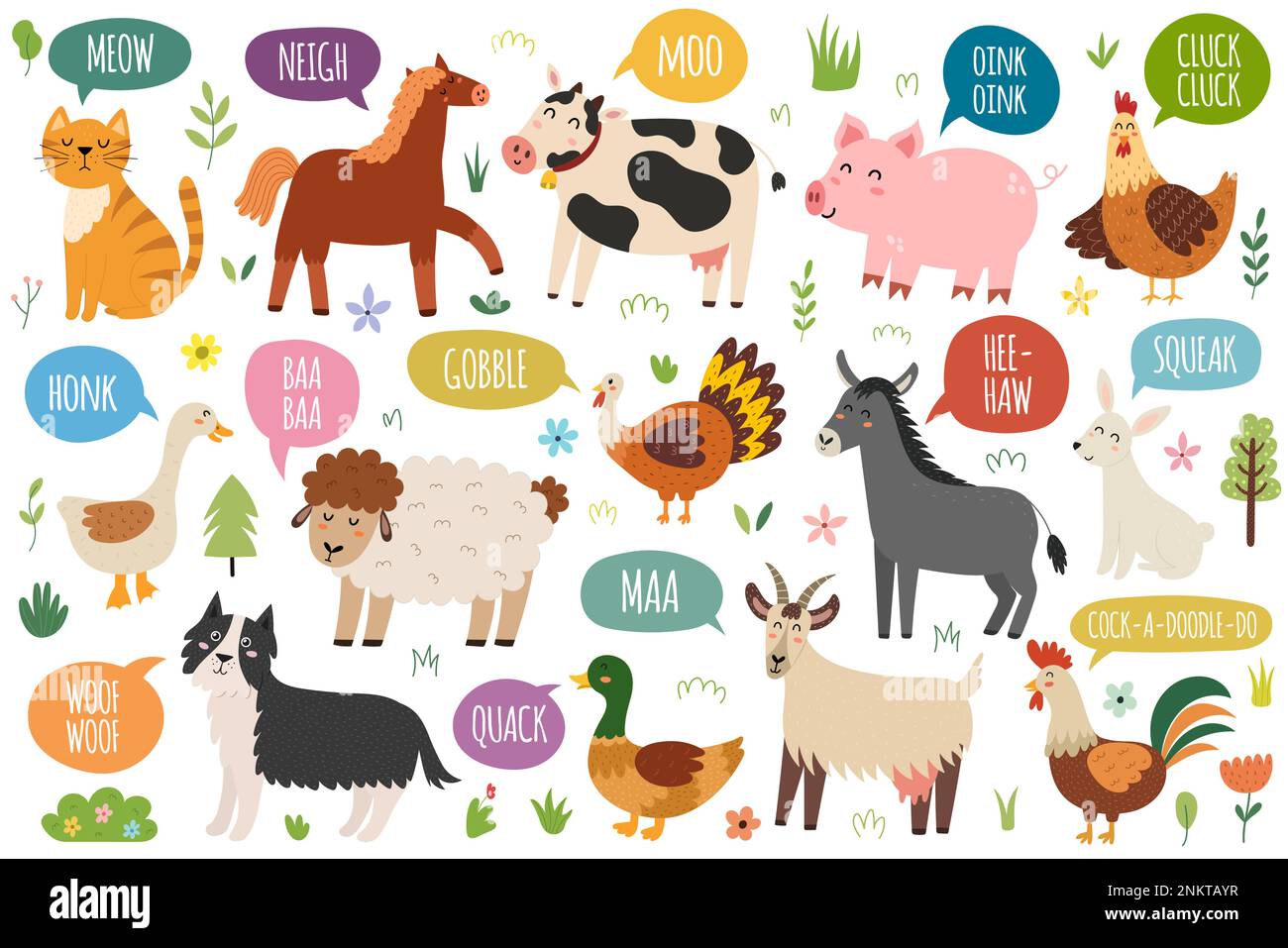 Farm animals saying sounds like moo, oink, baa, cluck and others. How ...
