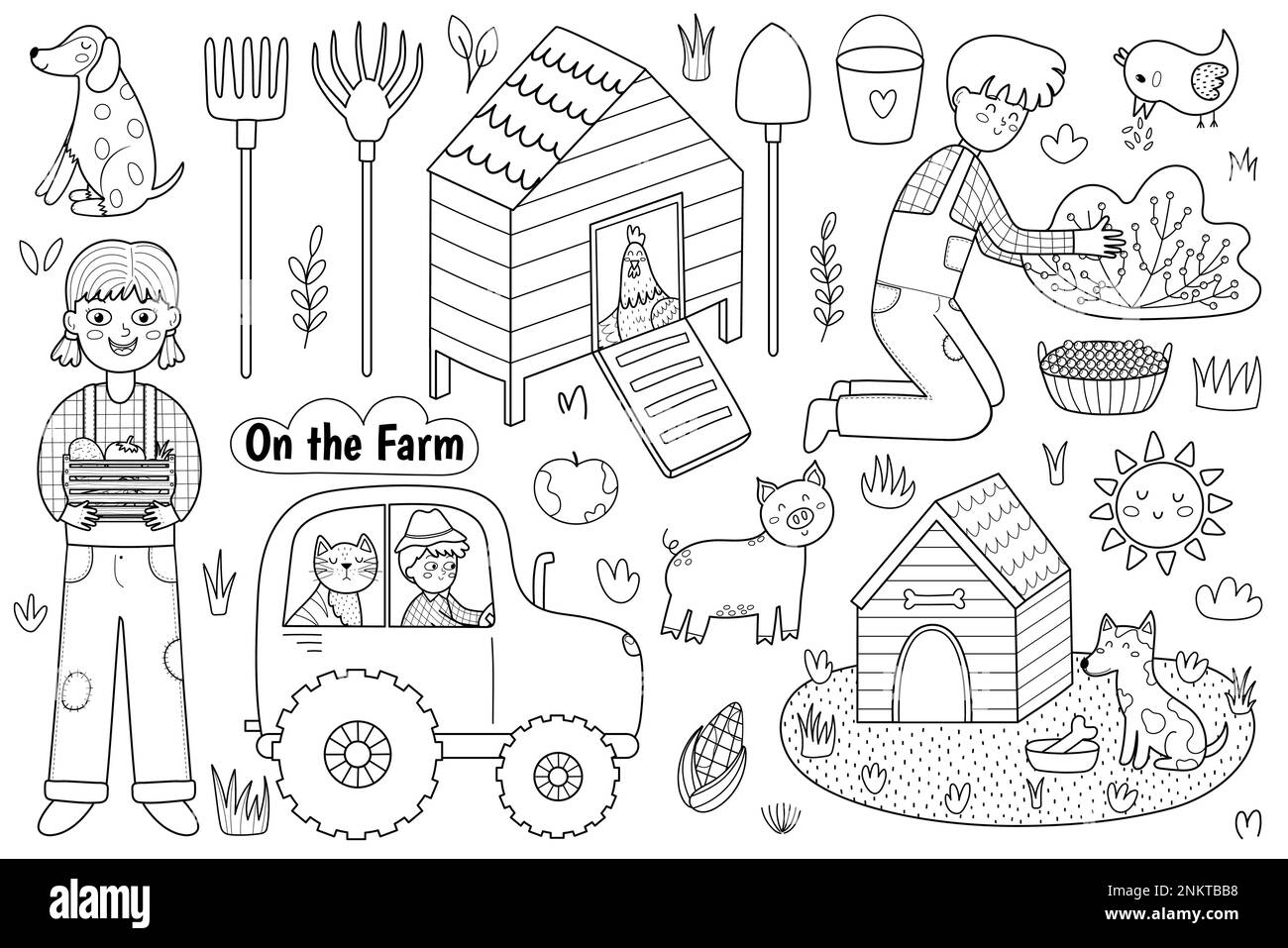 On the farm cute set with animals and kids farmers in black and white ...