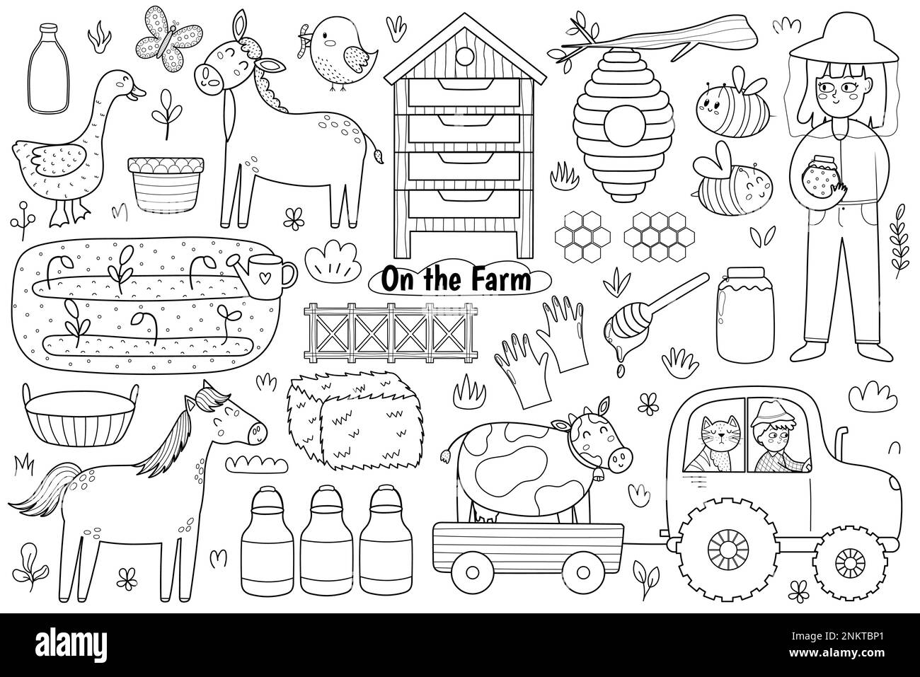 Black and white set with cute farm animals. Agriculture coloring page ...