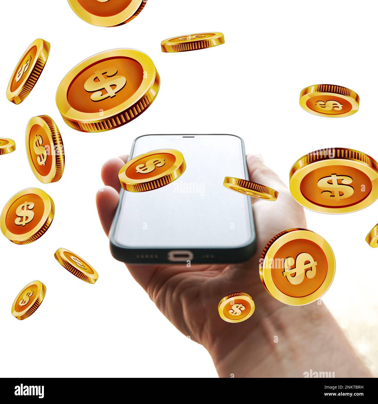 hand holding a phone with coins on the screen Stock Photo - Alamy