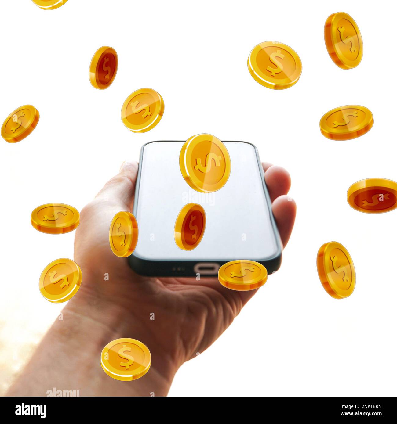hand holding a phone with coins on the screen Stock Photo - Alamy