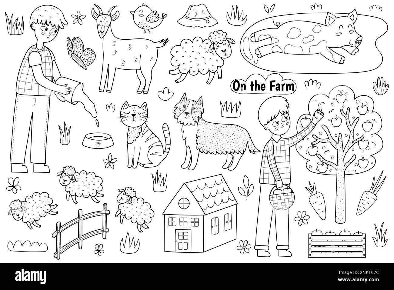 Black and white cute farm set with animals and kids farmers. Coloring ...