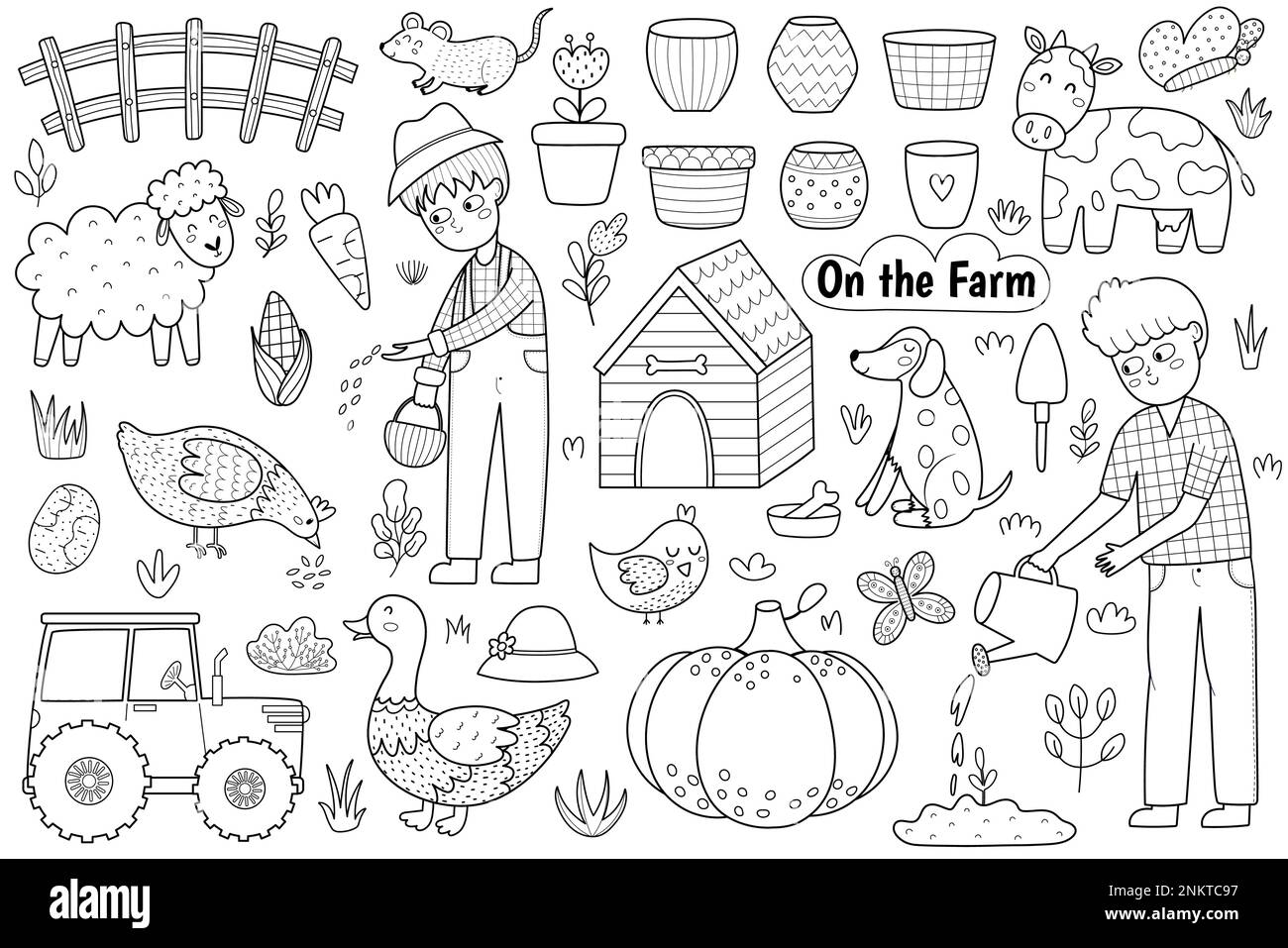Boy on tractor with animals coloring page Black and White Stock Photos ...