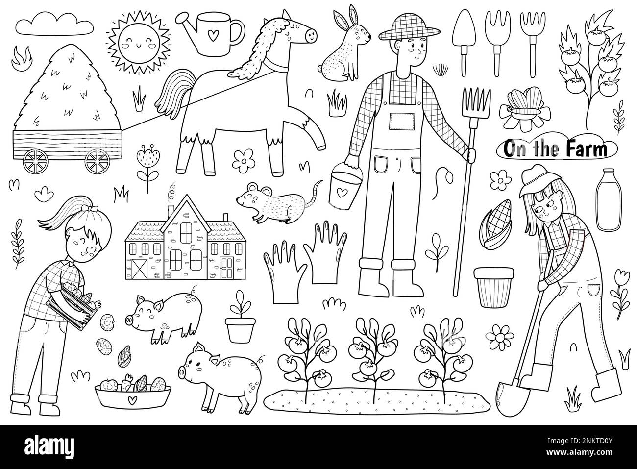 Black and white set with cute farm animals and kids farmers. Coloring ...