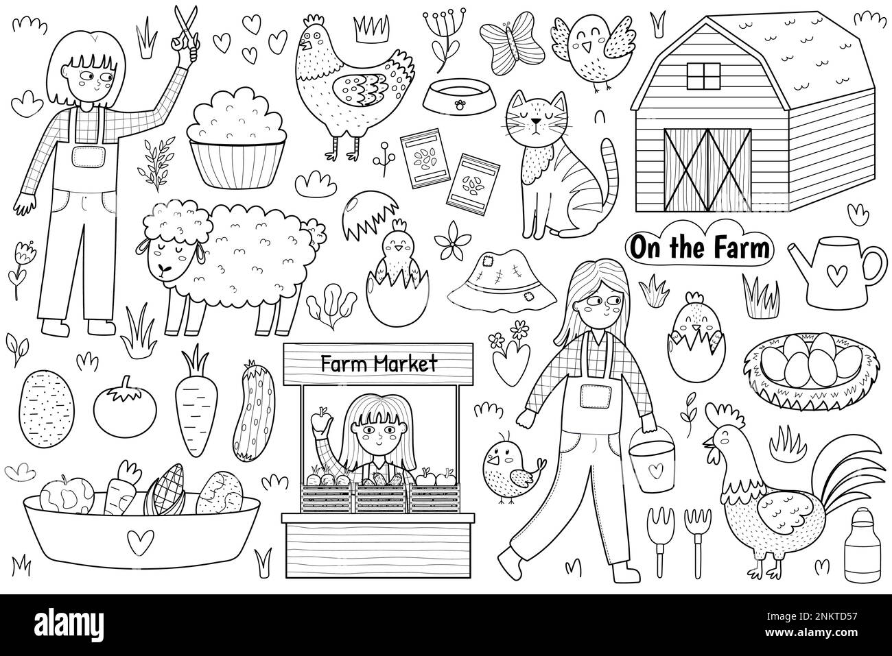 On the farm black and white set with cute animals and kids farmers ...