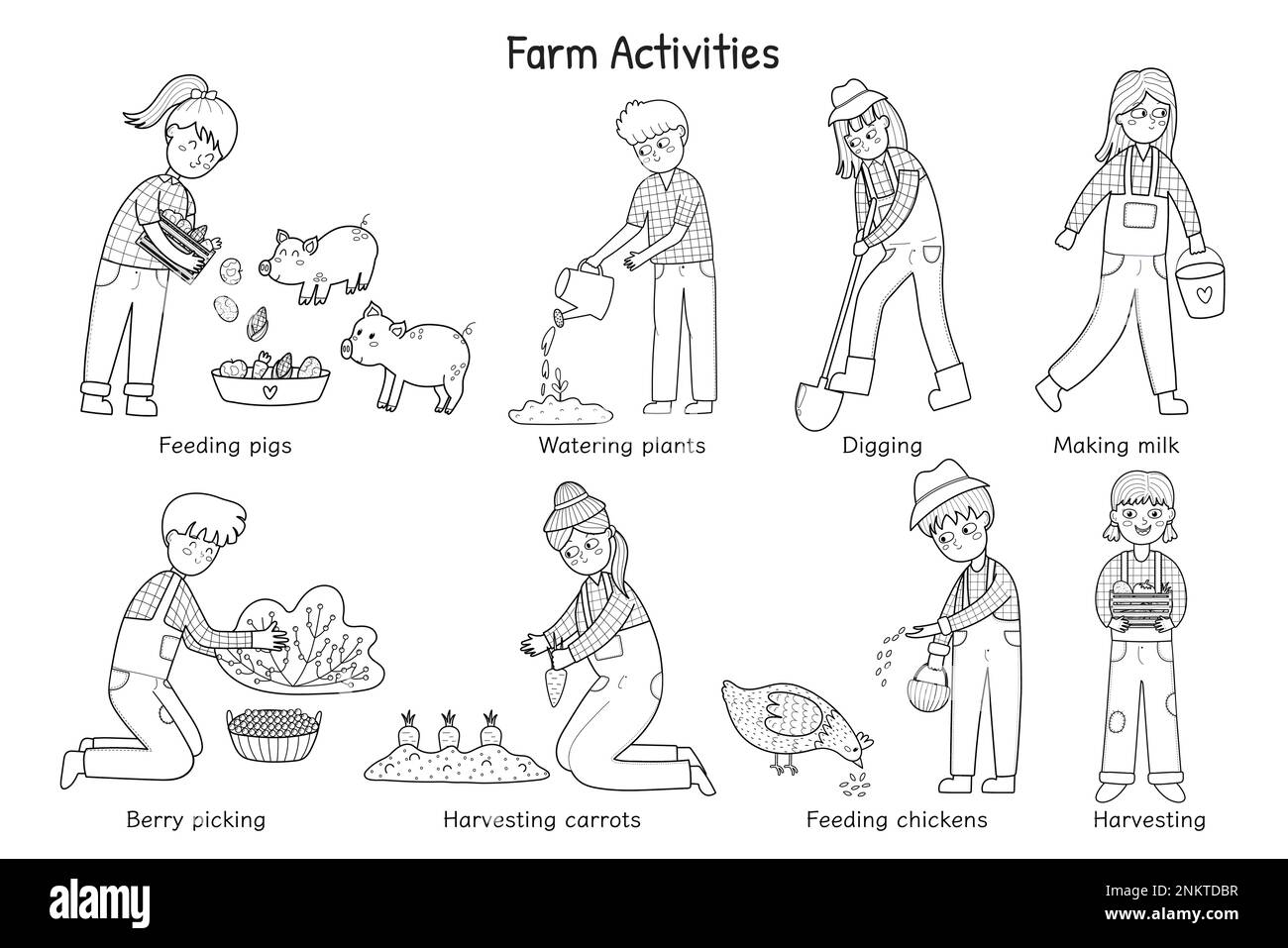 Farm activities set in black and white with cute kids farmers Stock ...