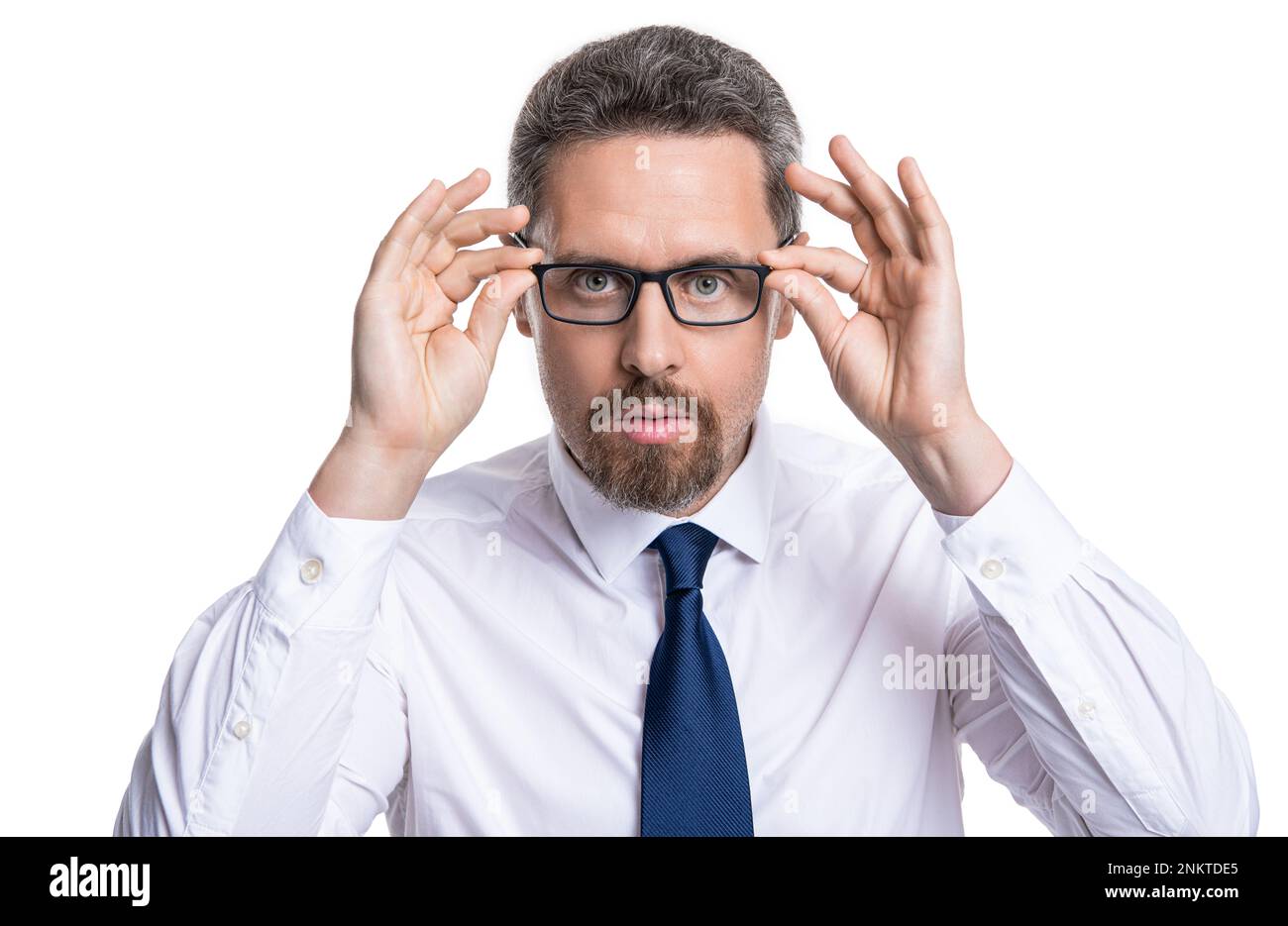 concentrated man look in eyewear on background. photo of man look in ...