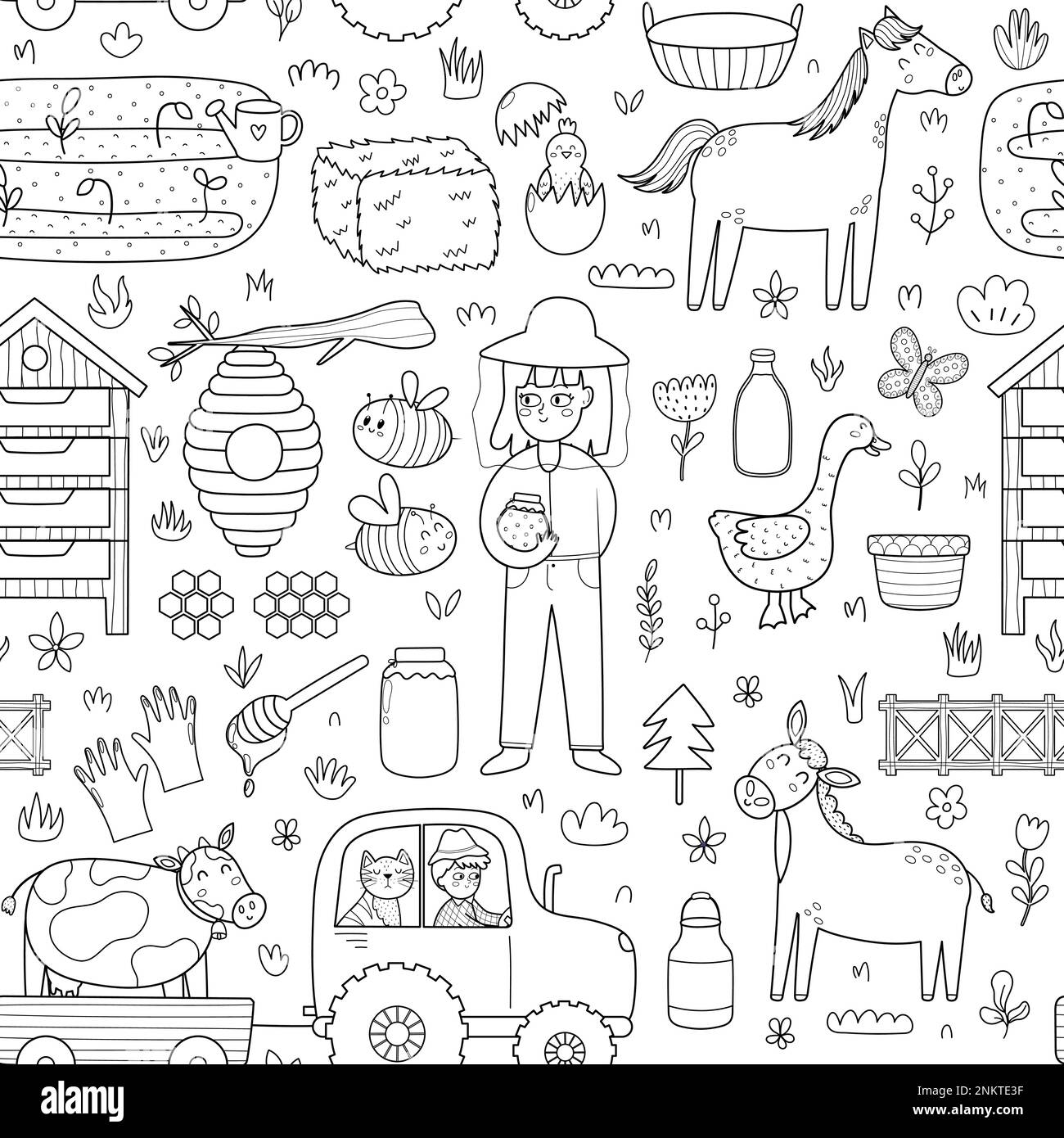 Farm seamless pattern with cute characters in black and white ...