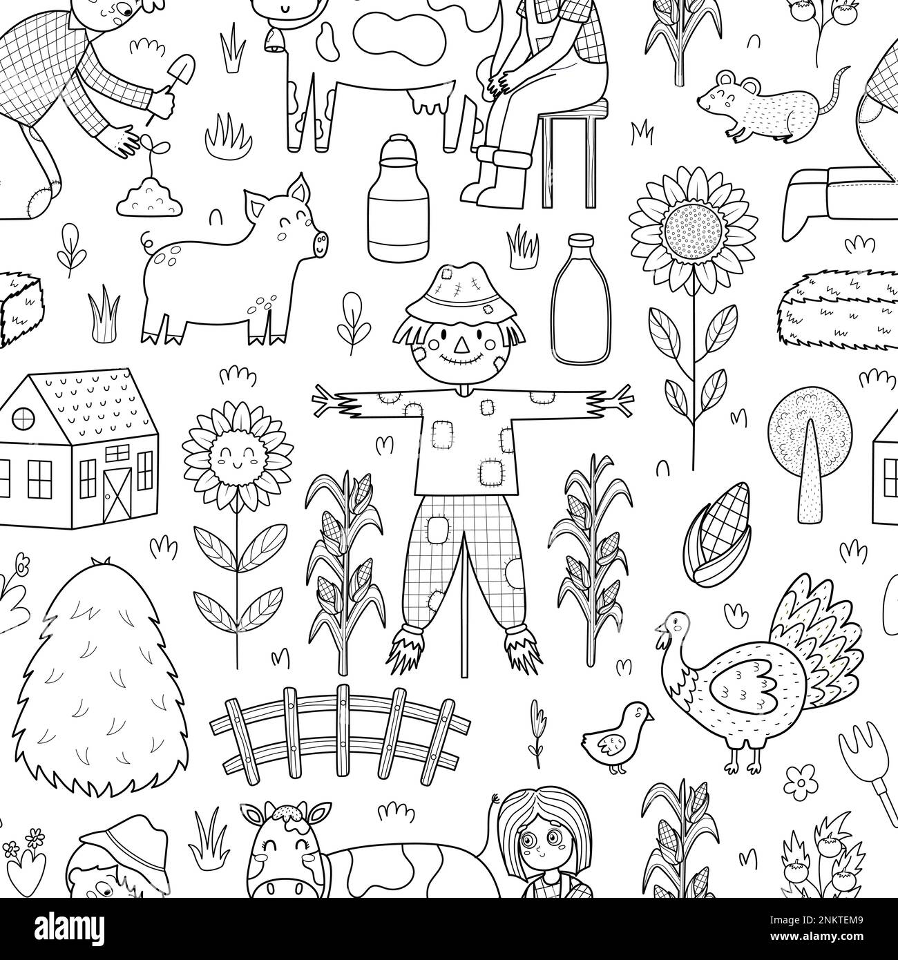 Black and white cute farm seamless pattern with scarecrow, pig, cow ...