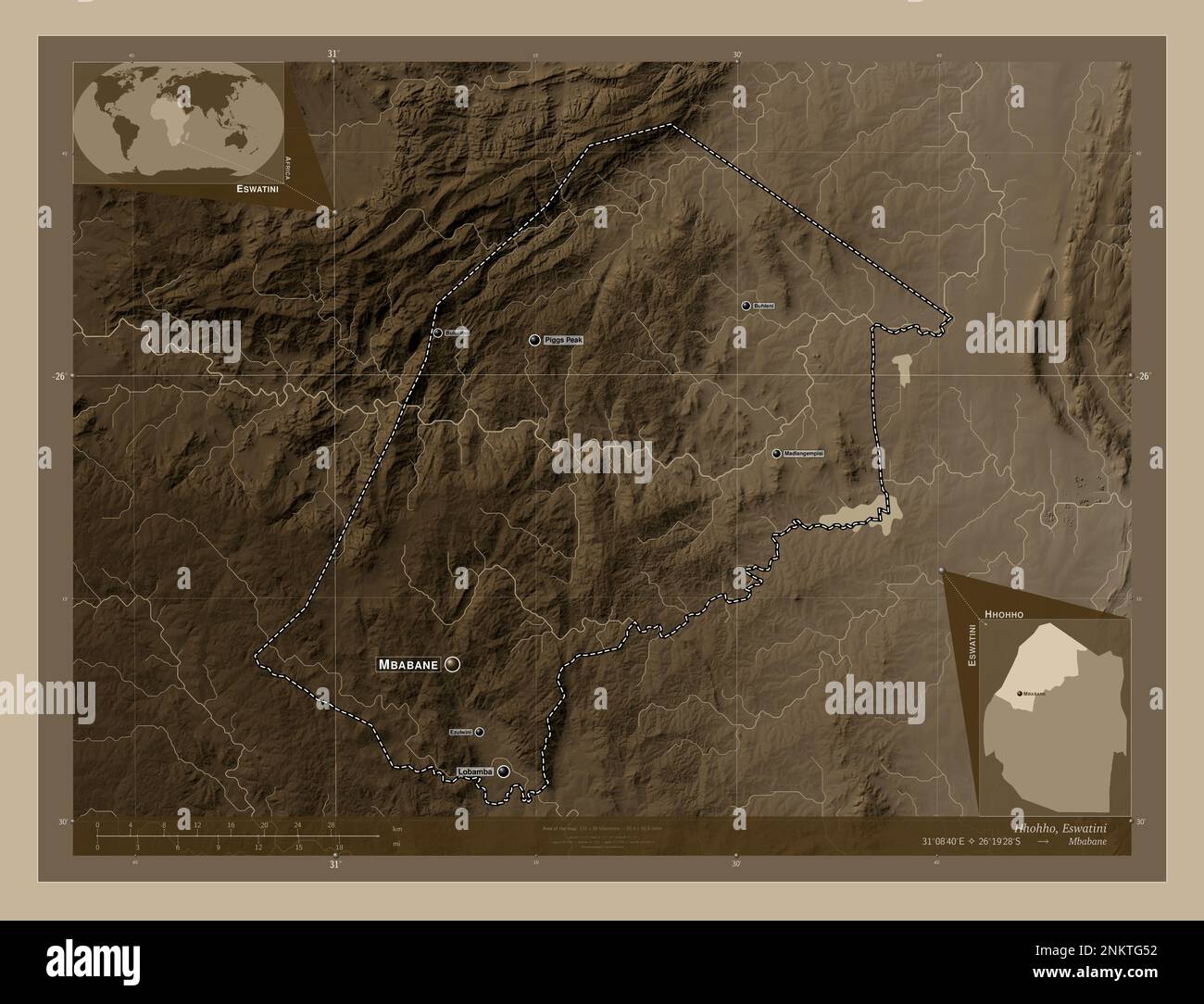 Hhohho, district of Eswatini. Elevation map colored in sepia tones with ...