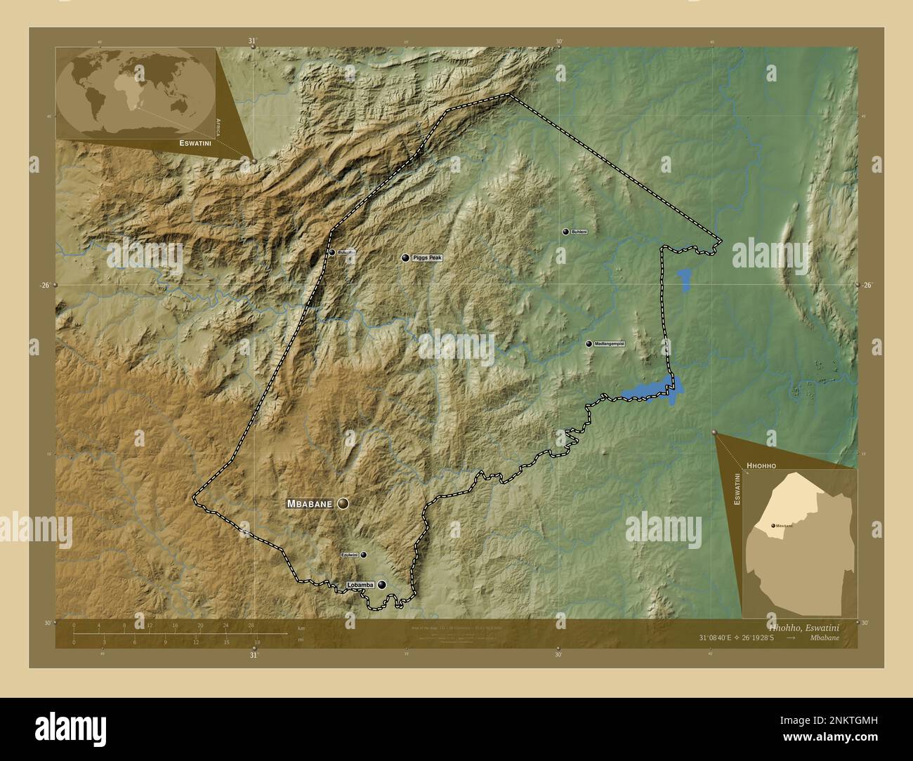 Hhohho, district of Eswatini. Colored elevation map with lakes and ...