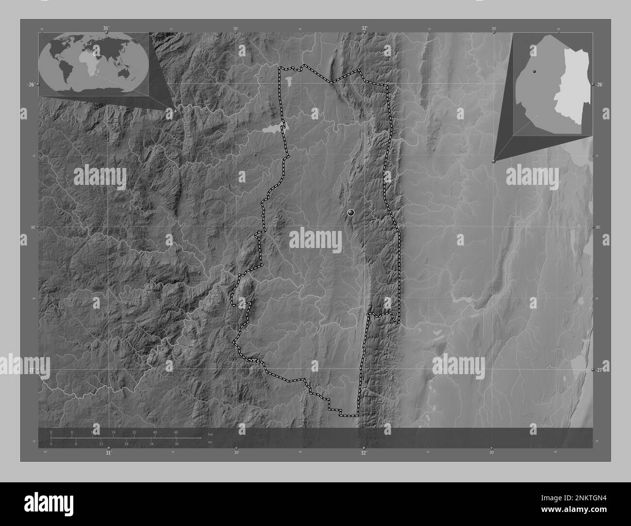 Lubombo, district of Eswatini. Grayscale elevation map with lakes and ...
