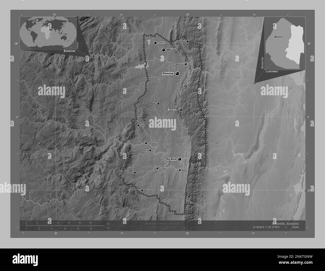 Lubombo, district of Eswatini. Grayscale elevation map with lakes and ...