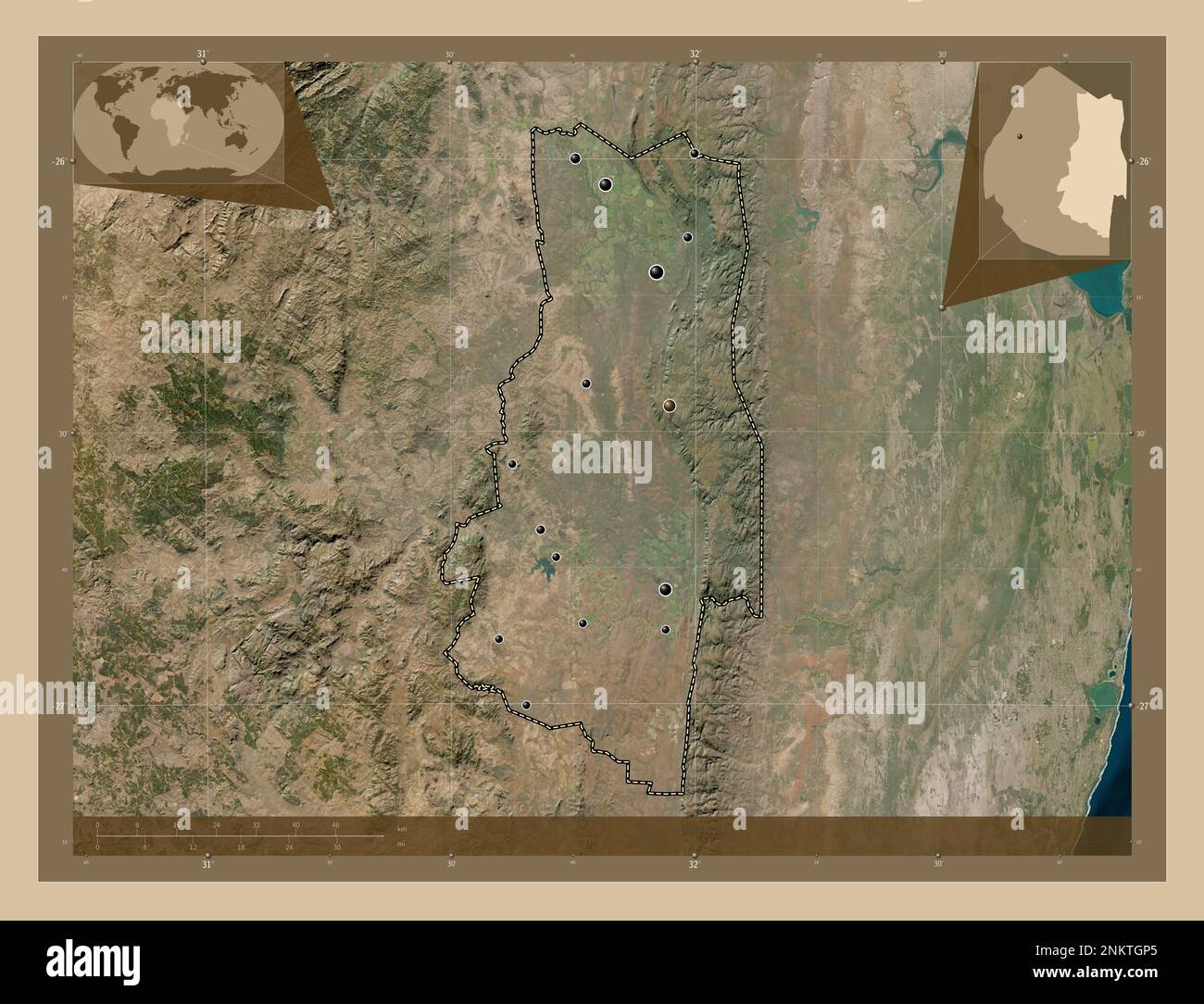 Lubombo, district of Eswatini. Low resolution satellite map. Locations ...