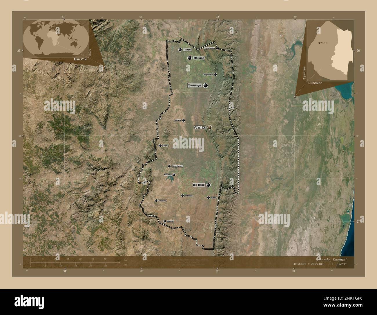 Lubombo, district of Eswatini. Low resolution satellite map. Locations ...