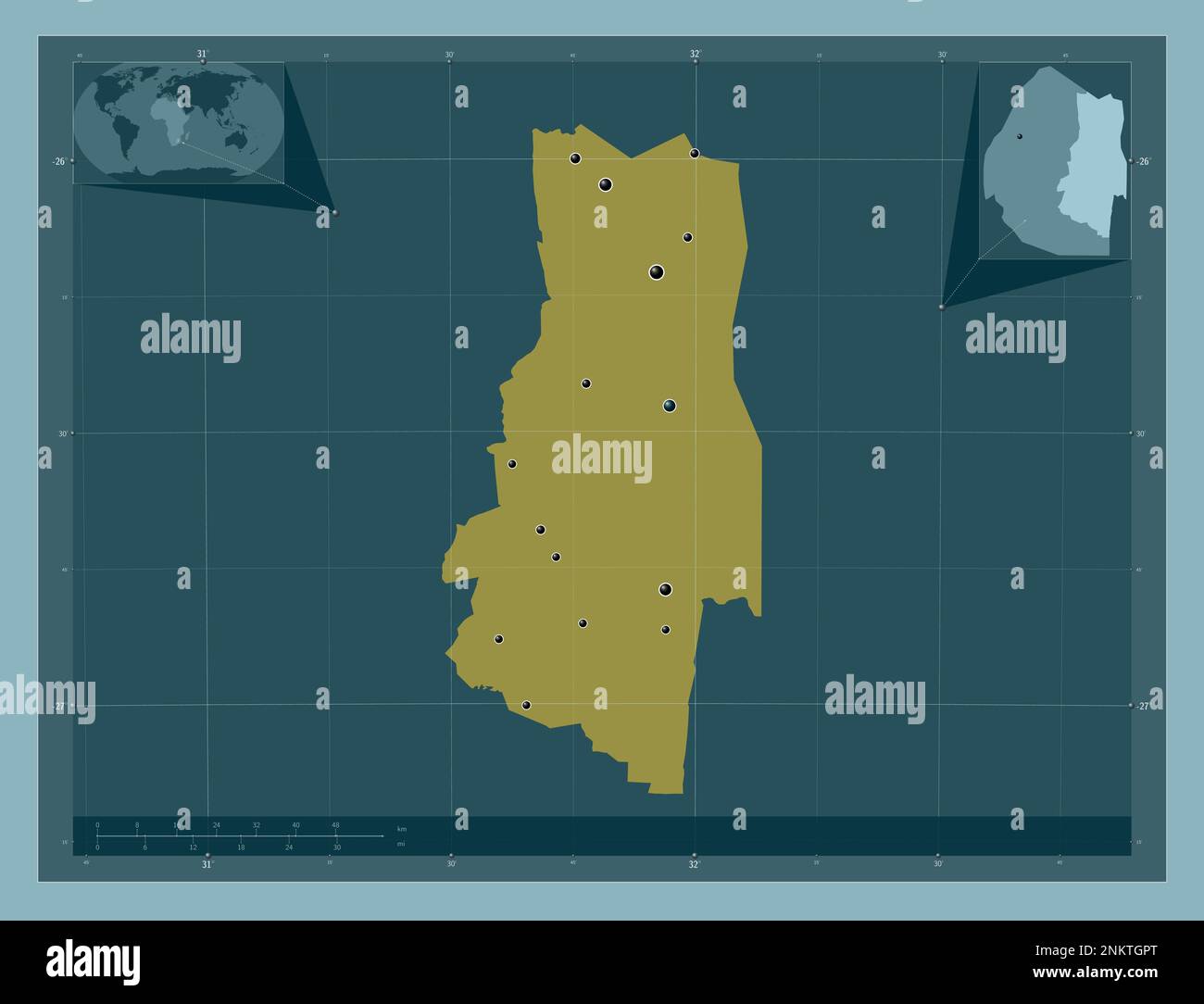 Lubombo, district of Eswatini. Solid color shape. Locations of major ...