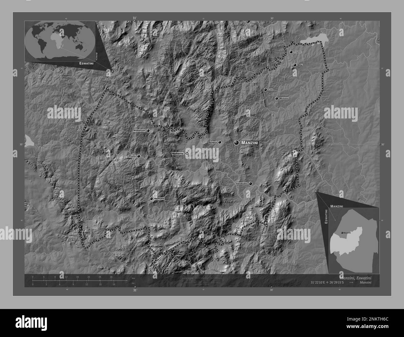 Manzini, district of Eswatini. Bilevel elevation map with lakes and ...