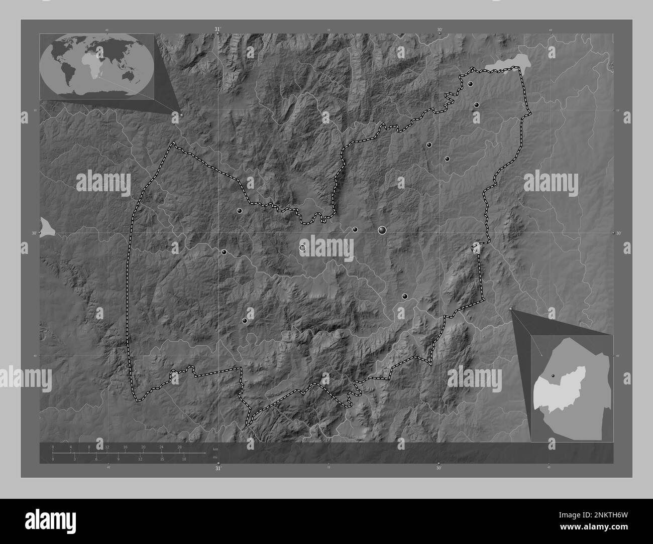 Manzini, district of Eswatini. Grayscale elevation map with lakes and ...