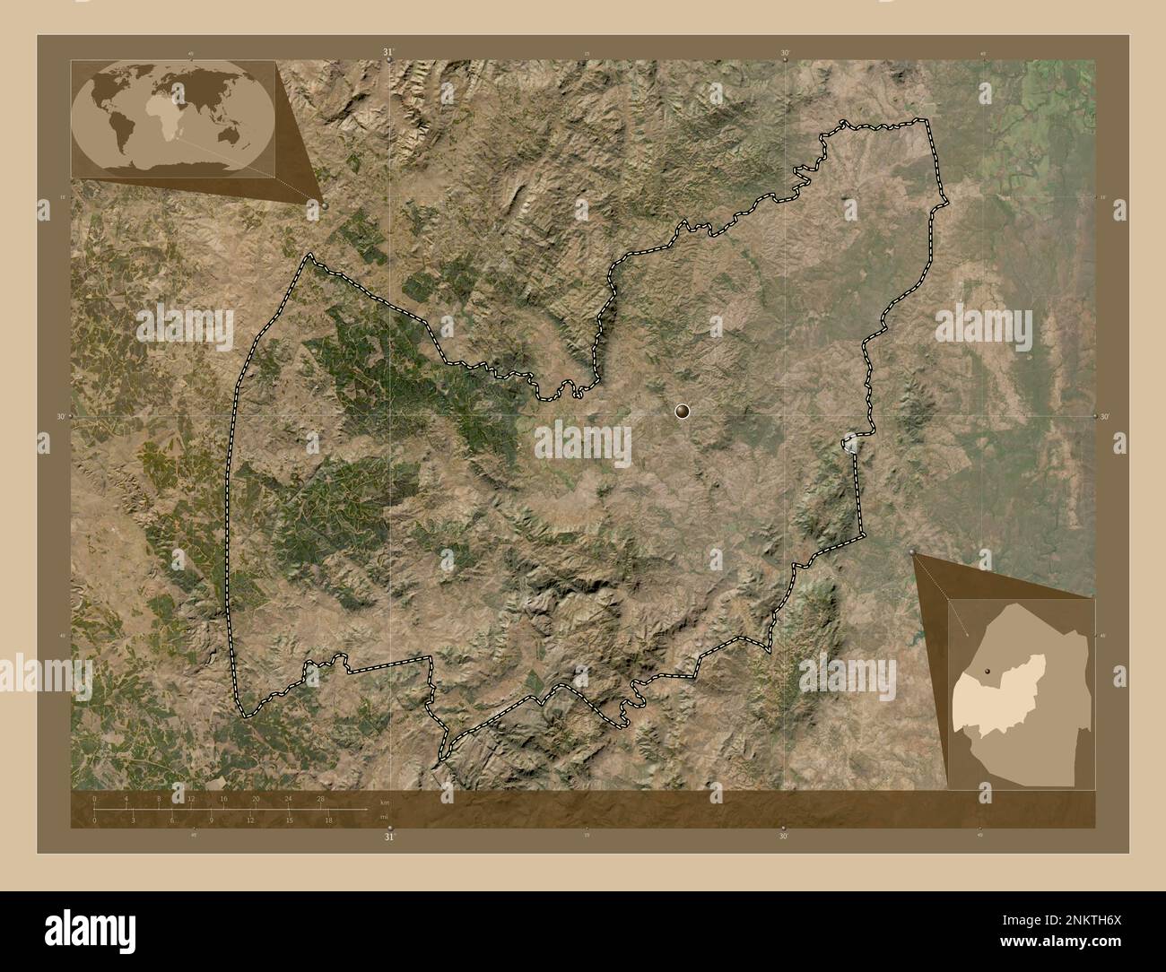 Manzini, district of Eswatini. Low resolution satellite map. Corner ...