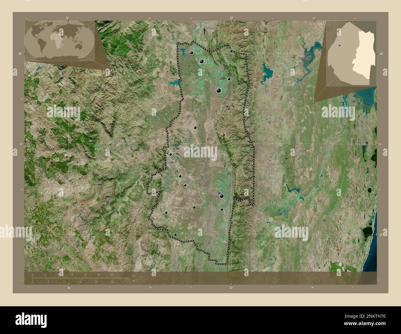 Lubombo, district of Eswatini. High resolution satellite map. Locations ...