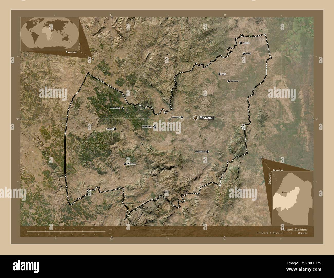 Manzini, district of Eswatini. Low resolution satellite map. Locations ...