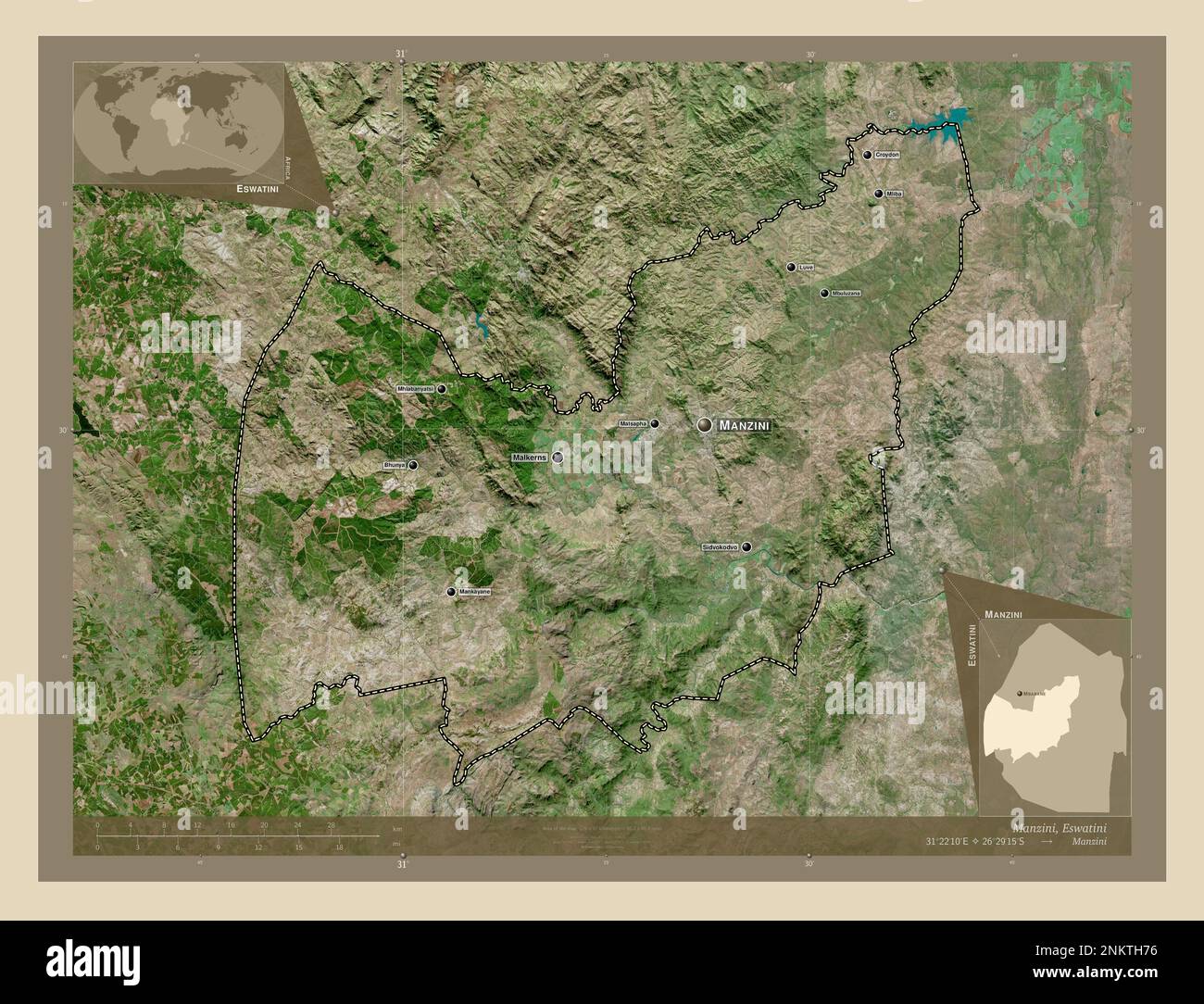 Manzini, district of Eswatini. High resolution satellite map. Locations ...