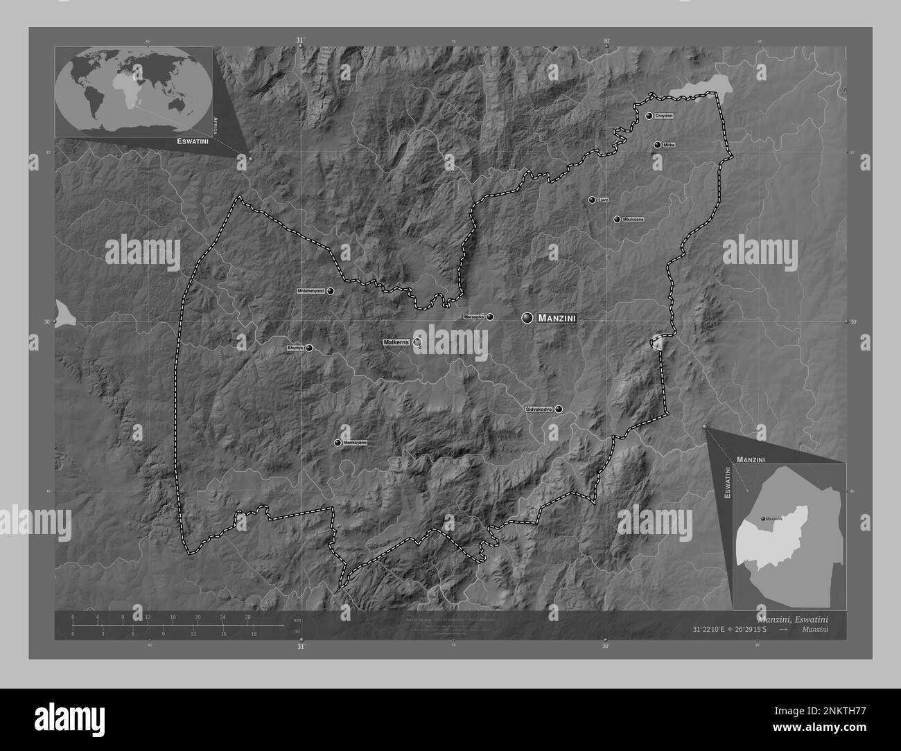 Manzini, district of Eswatini. Grayscale elevation map with lakes and ...
