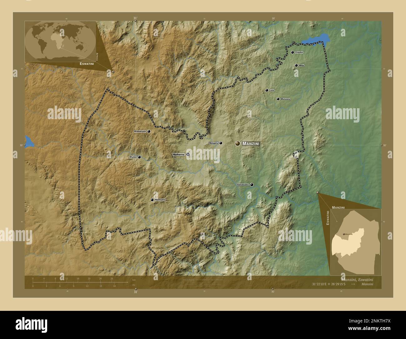 Manzini, district of Eswatini. Colored elevation map with lakes and ...