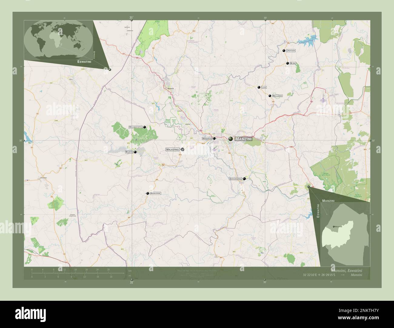 Manzini, district of Eswatini. Open Street Map. Locations and names of ...