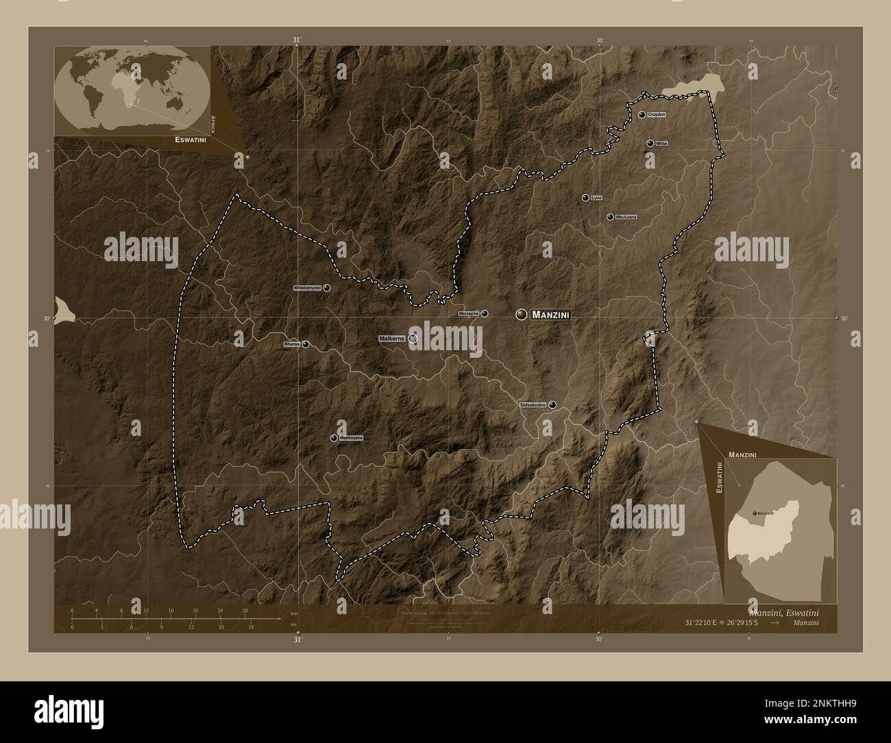 Manzini, district of Eswatini. Elevation map colored in sepia tones ...