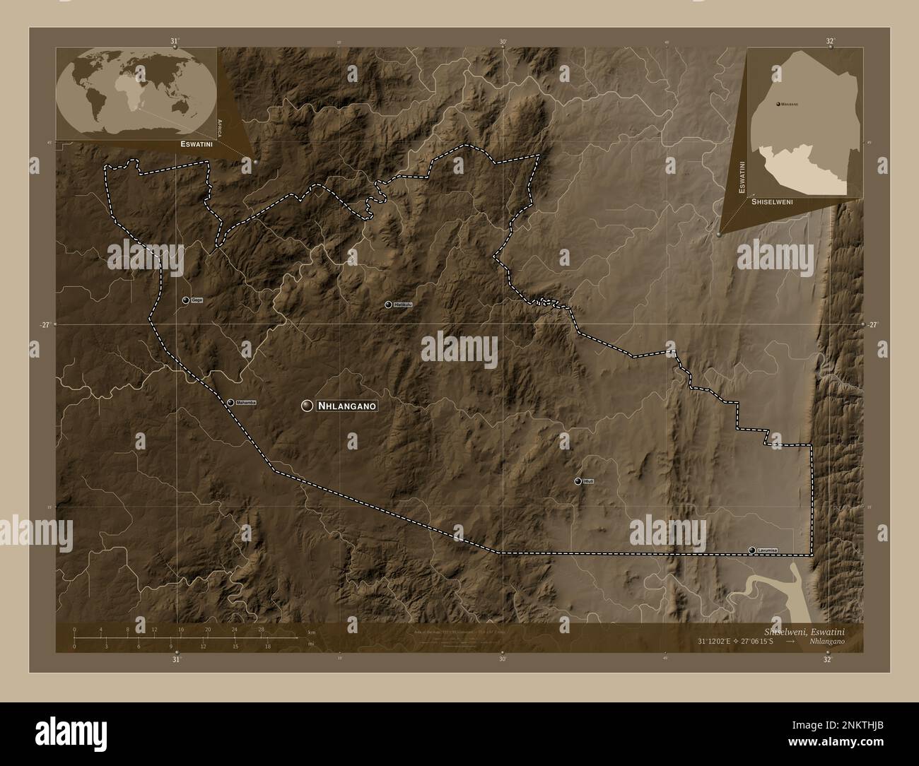 Shiselweni, district of Eswatini. Elevation map colored in sepia tones ...