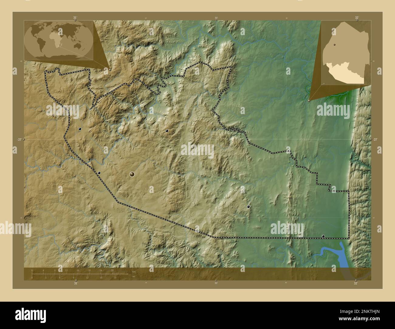 Shiselweni, district of Eswatini. Colored elevation map with lakes and ...