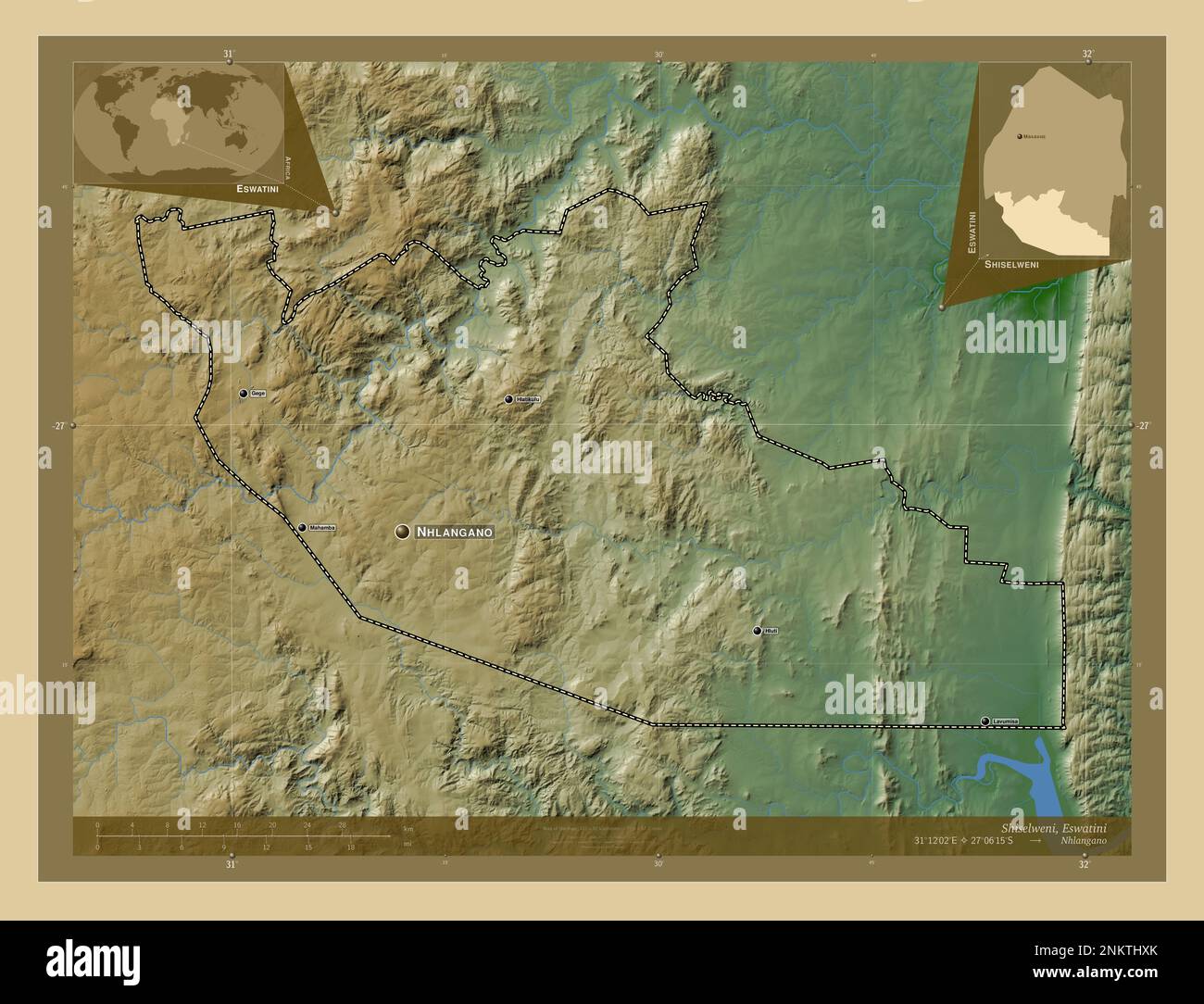 Shiselweni, district of Eswatini. Colored elevation map with lakes and ...