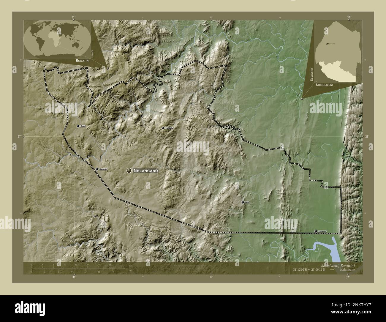 Shiselweni, district of Eswatini. Elevation map colored in wiki style ...