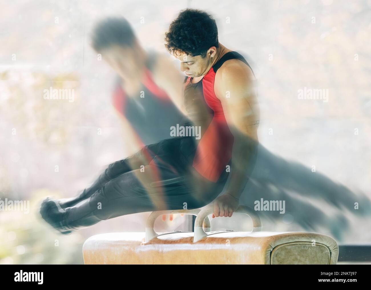 Horse, gymnastics and motion blur with a sports man training for an ...