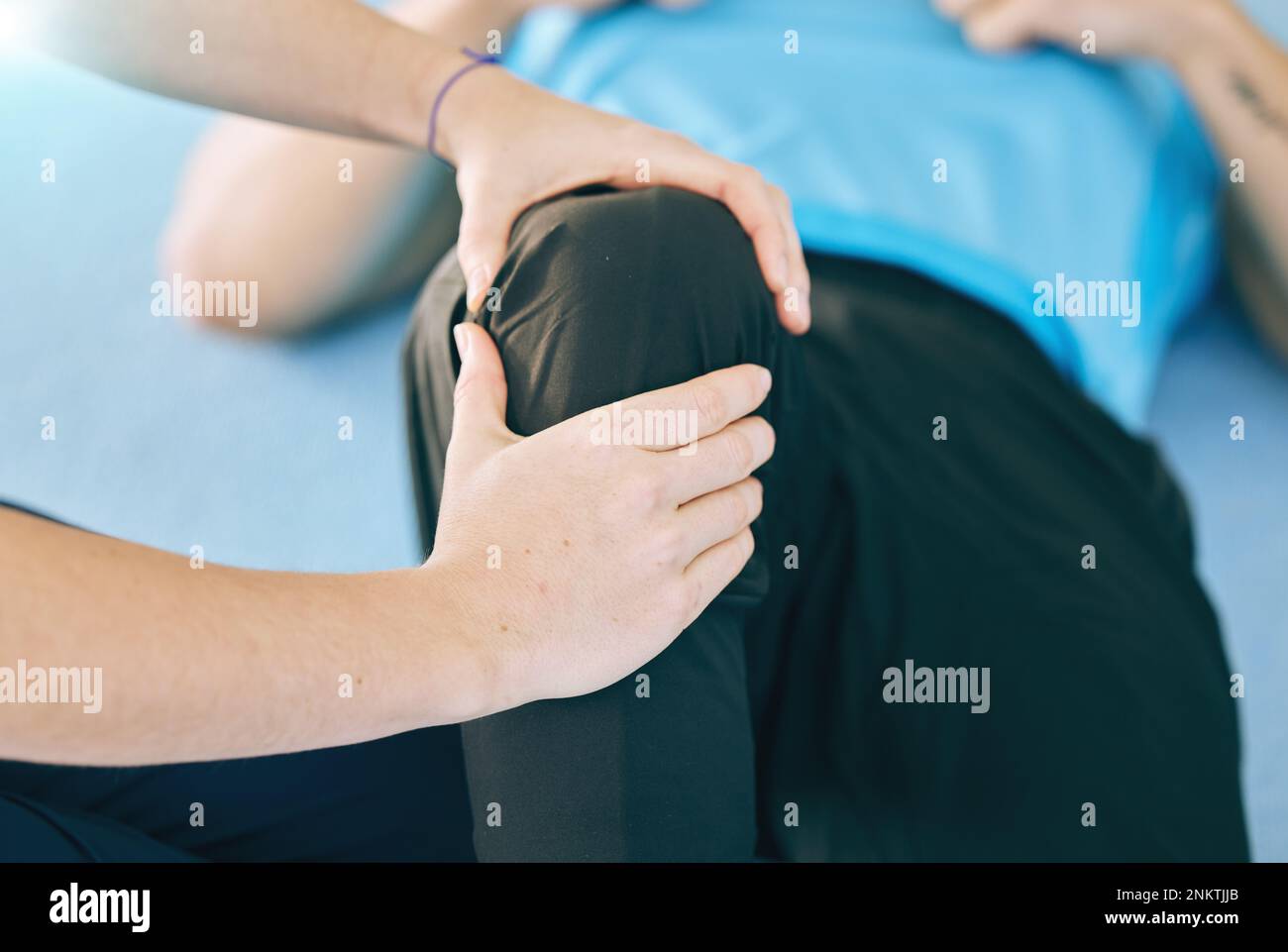 Knee pain, physiotherapy and hands of coach with man for performance ...