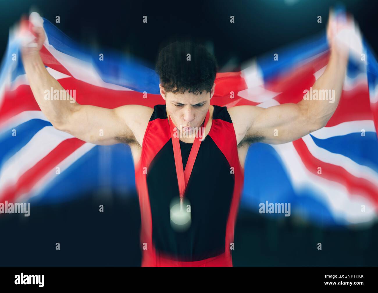 Winner, gymnastics or man with medal and British flag for fitness ...