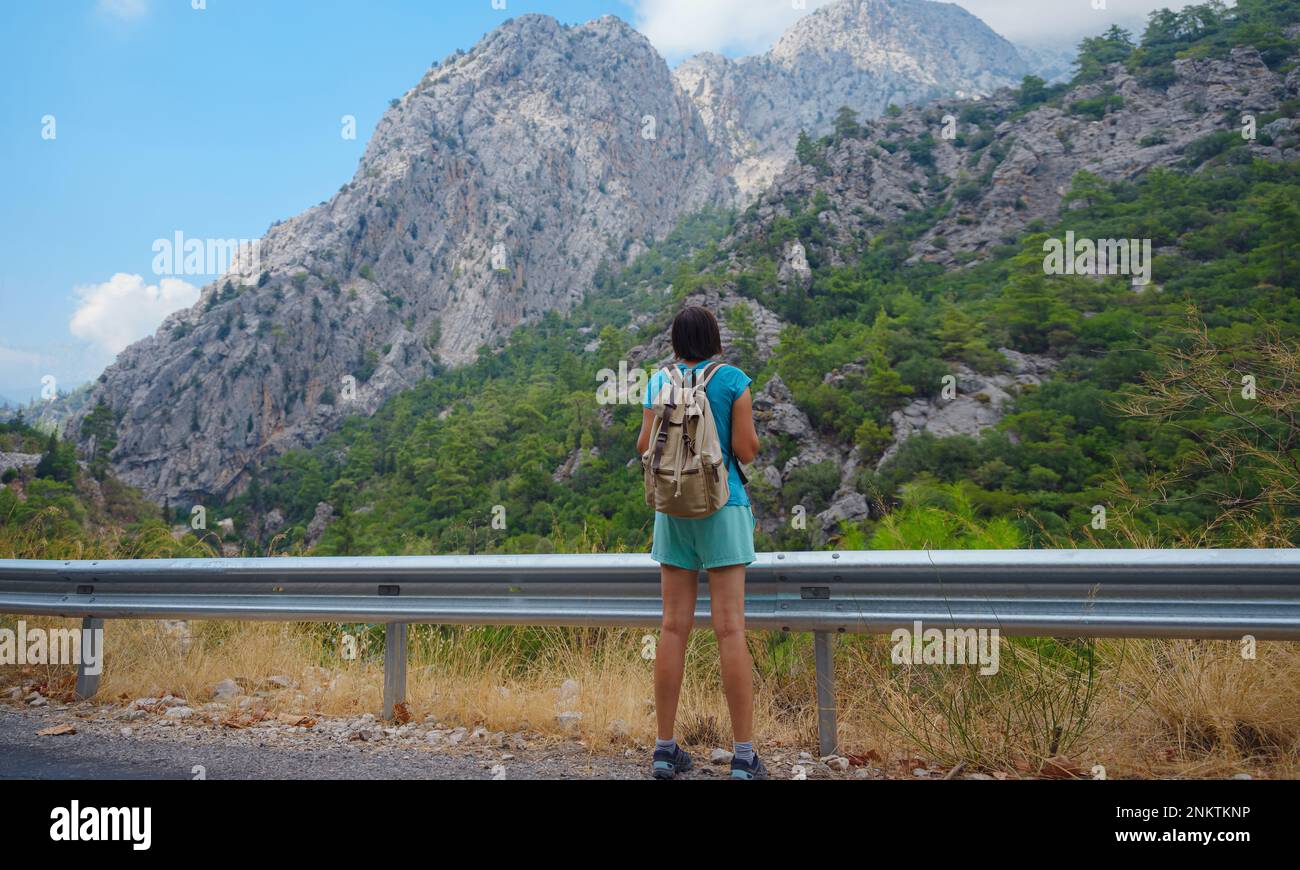 Tourist with backpack hike , Turkey travel, mediterranean area on a ...