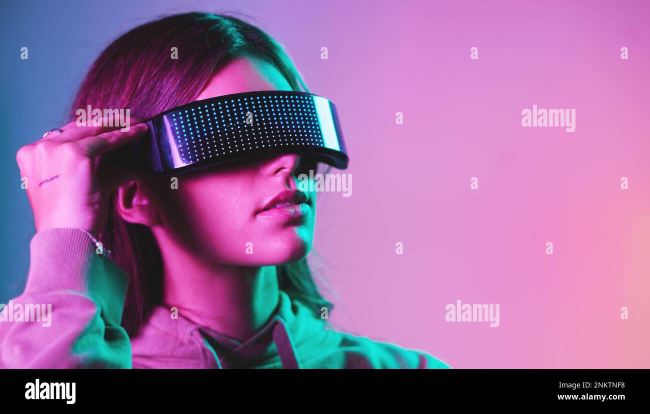 Virtual reality, cyberpunk and mockup, woman in goggles in online ...