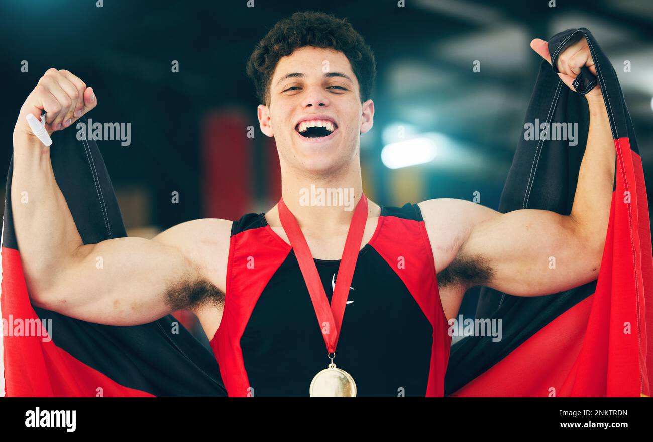 Man, medal and flag for sport, portrait and winning with celebration ...