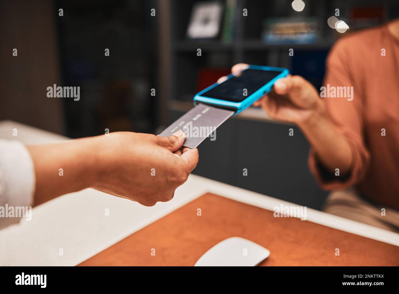 Closeup, hands and credit card for cashless payment, discount and ...