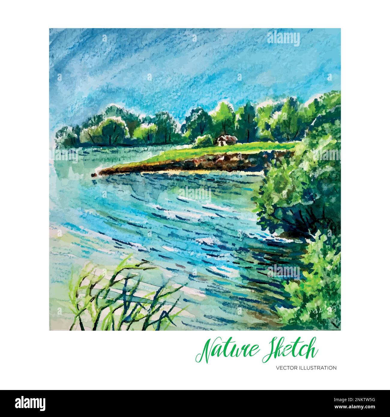 Sketch graphic, landscape, colored pencils. Vector illustration. Summer ...