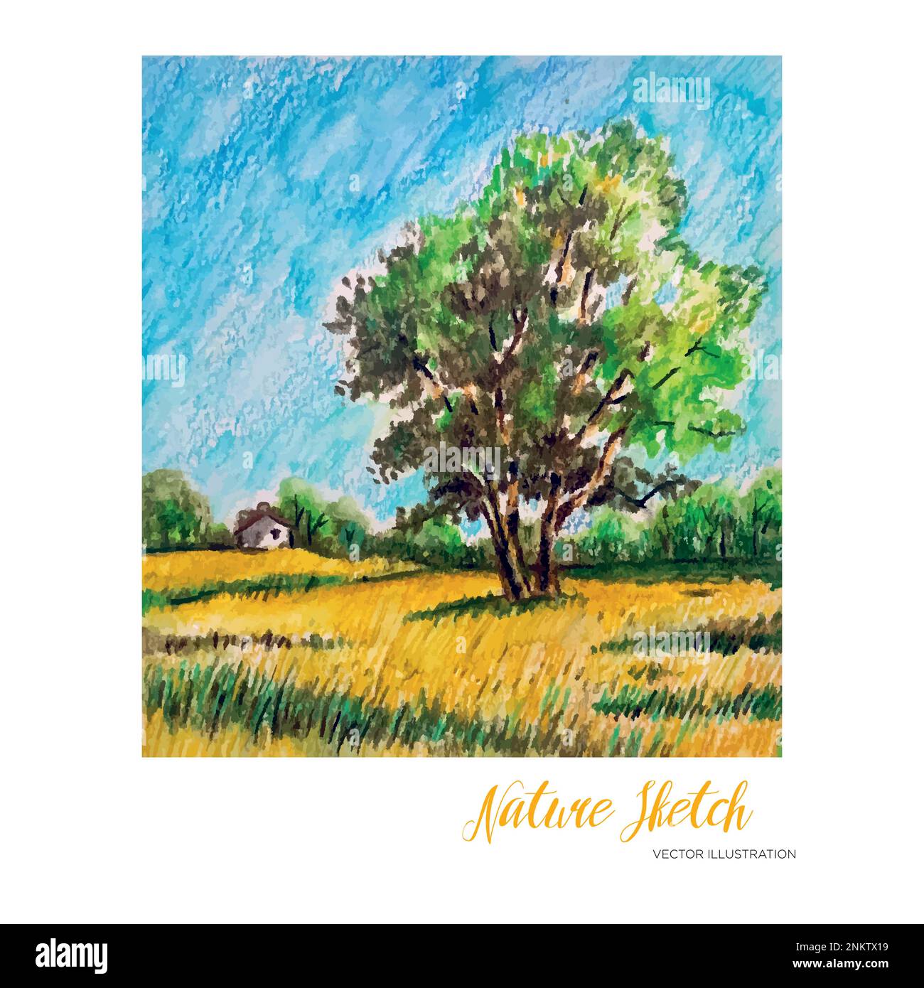 Sketch graphic, landscape, colored pencils. Vector illustration. Summer ...